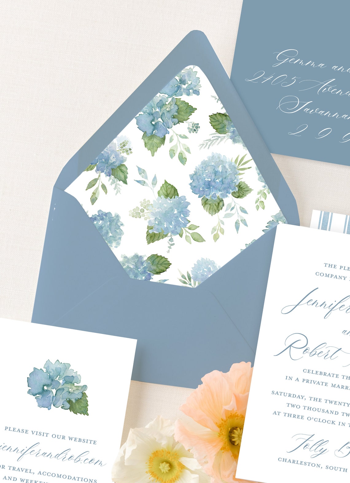 Blue Hydrangea Watercolor Wedding Invitation Suite | Printed Floral ...