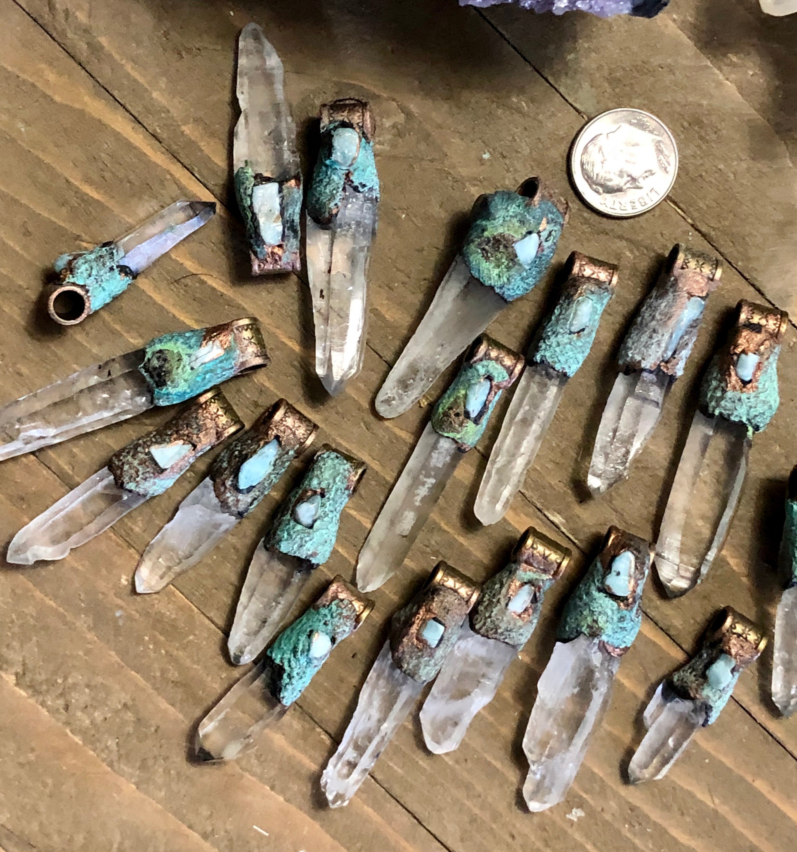 Quartz Point pendent Natural w/ turquoise stone Raw Crystal Point ...