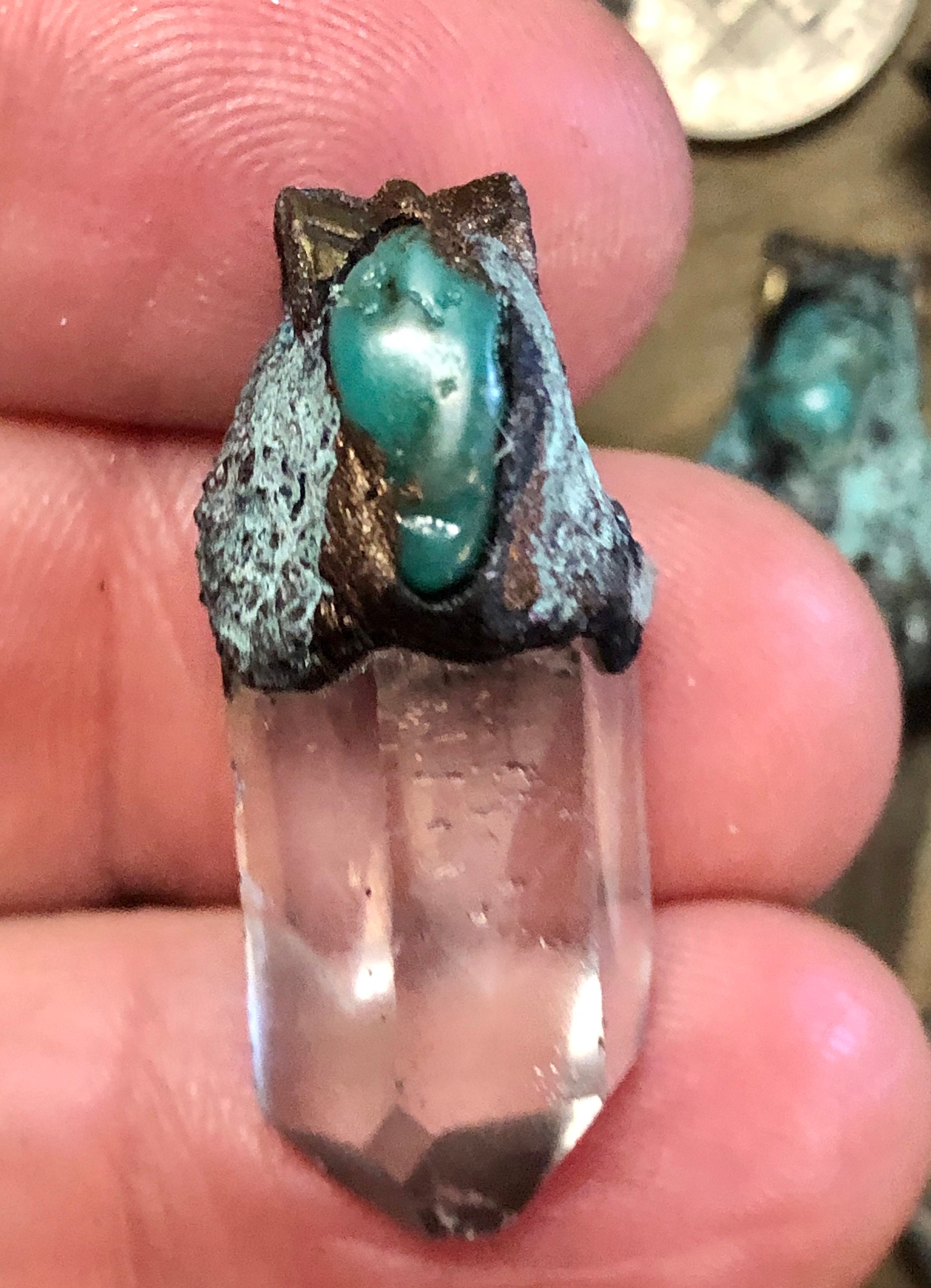 Quartz Point pendent Natural w/ turquoise stone Raw Crystal Point ...