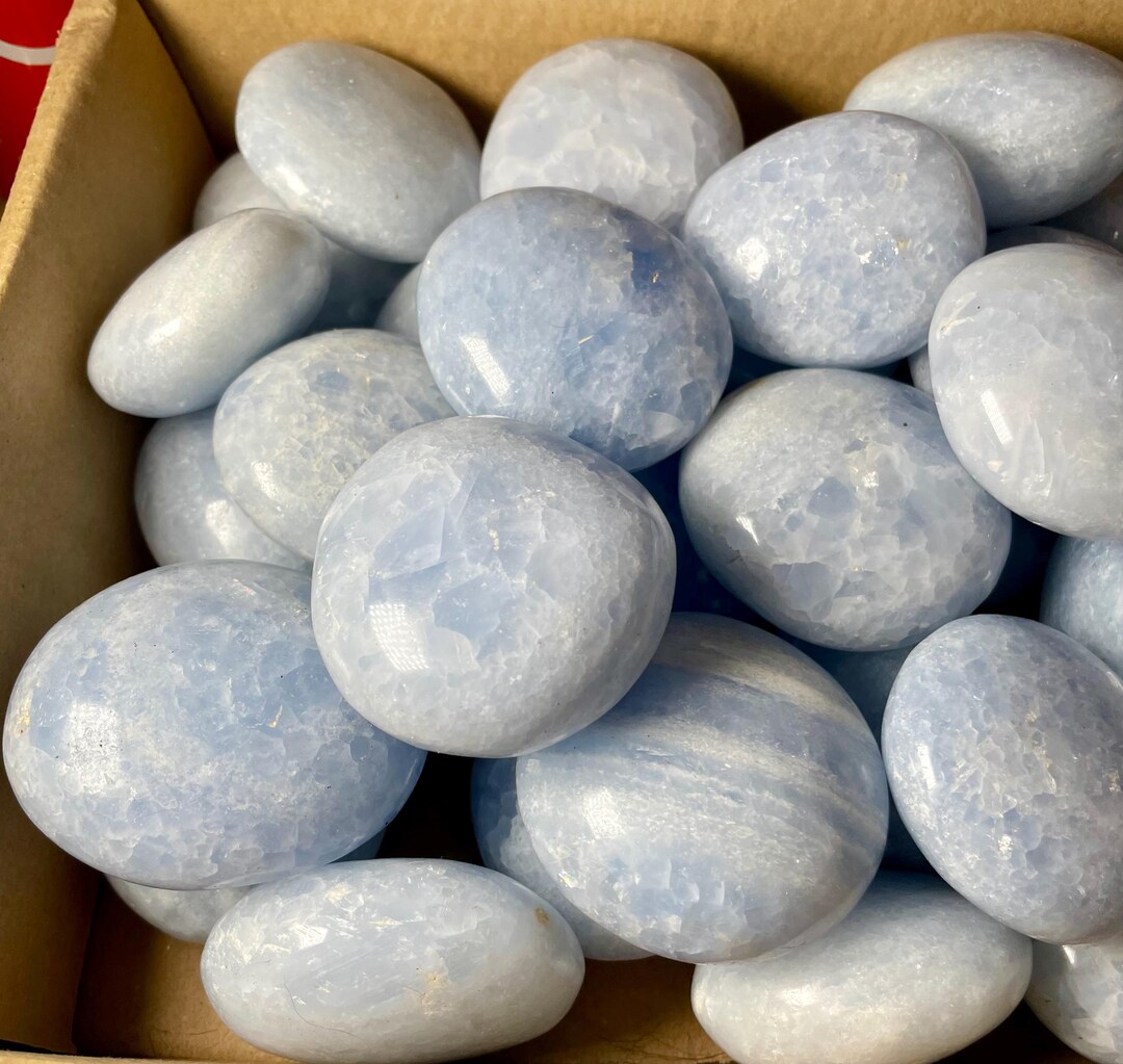 One Blue Calcite Hand Carved Crystal Blue Calcite Palm Stone Specimen ...