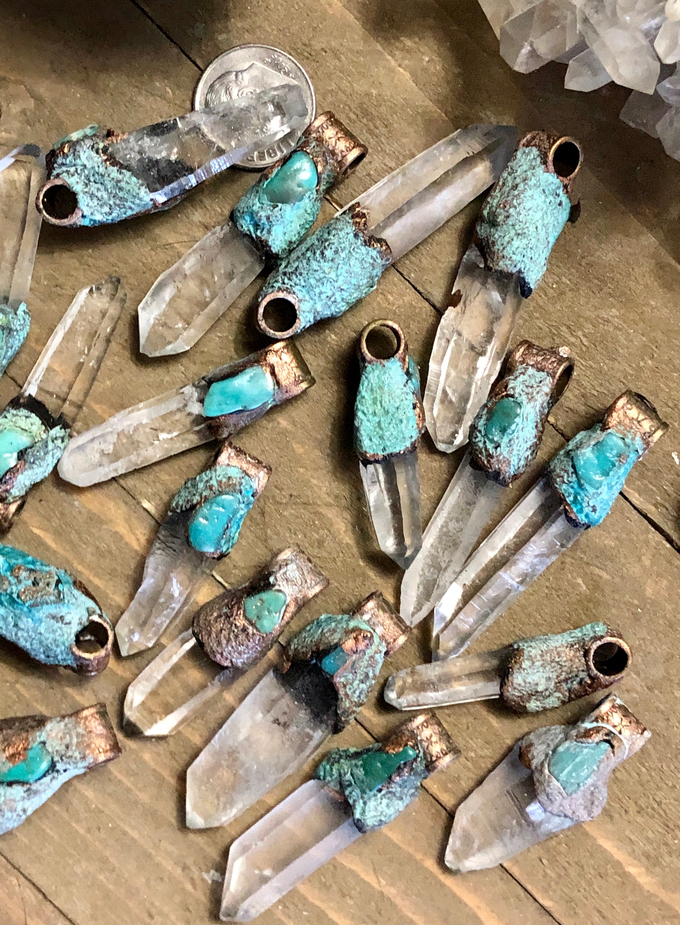 Quartz Point pendent Natural w/ turquoise stone Raw Crystal Point ...