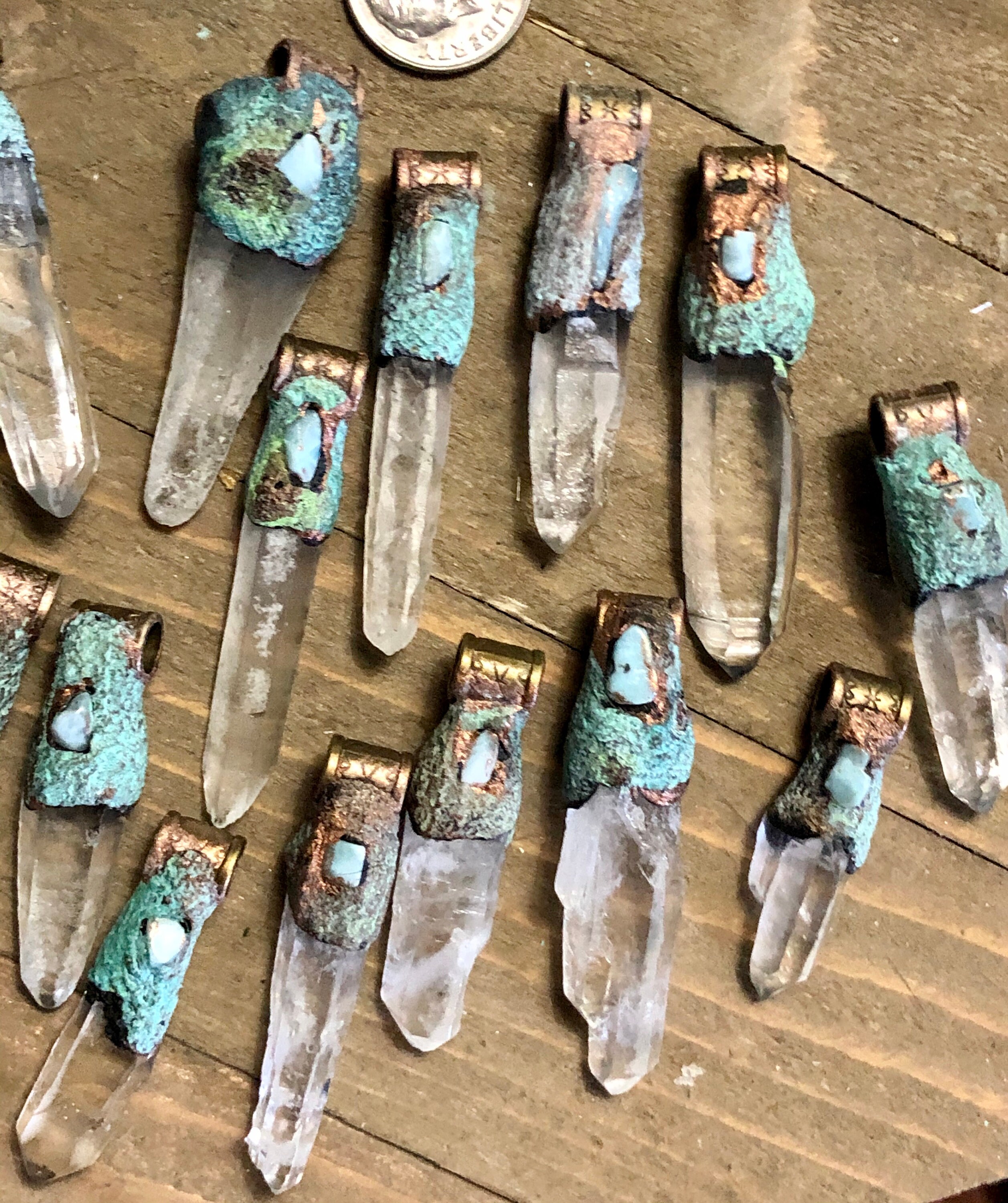 Quartz Point pendent Natural w/ turquoise stone Raw Crystal Point ...