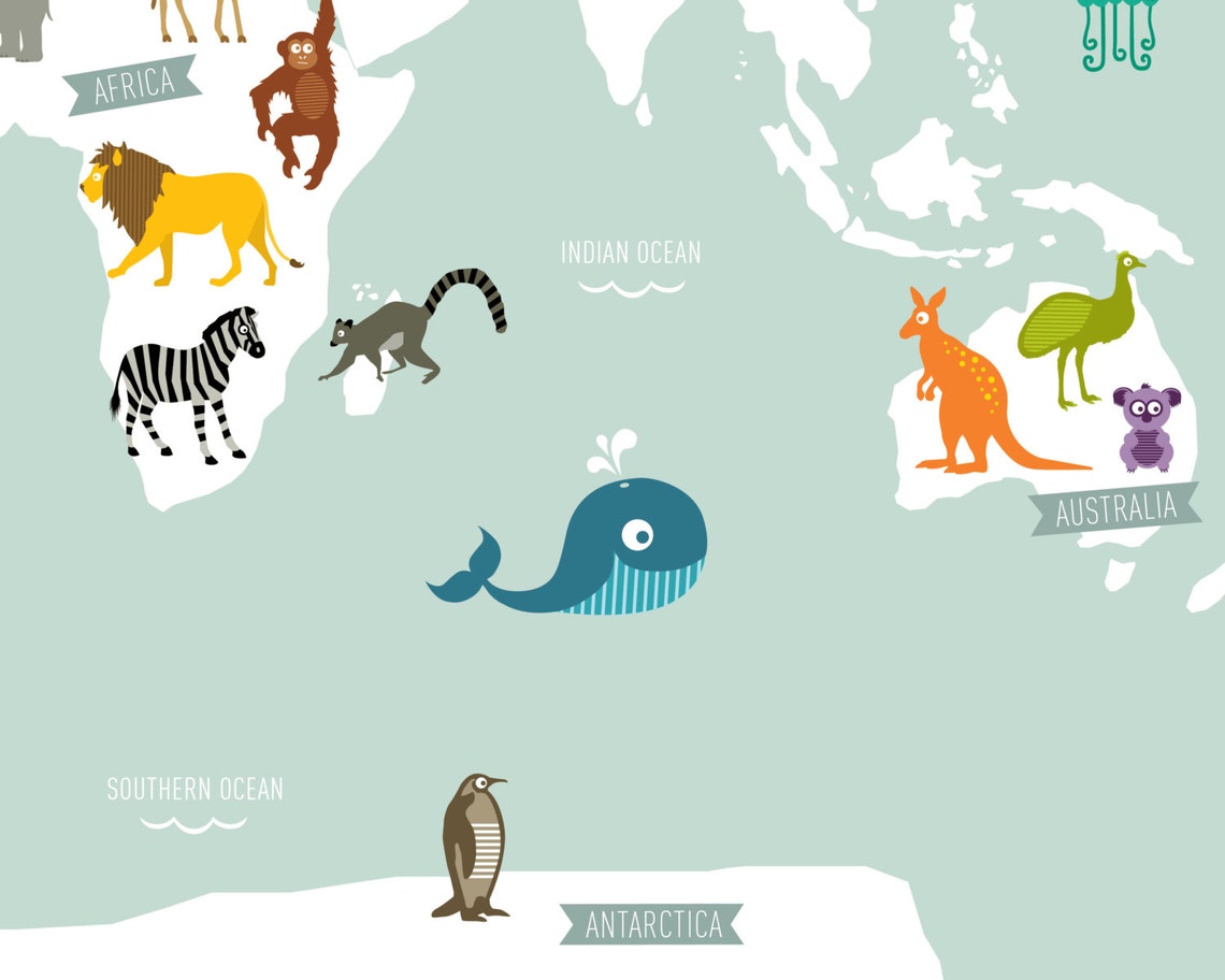 Animal World Map Poster Print - Etsy