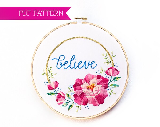 PDF Embroidery Pattern, One Meaningful Word, Flower Embroidery Pattern ...