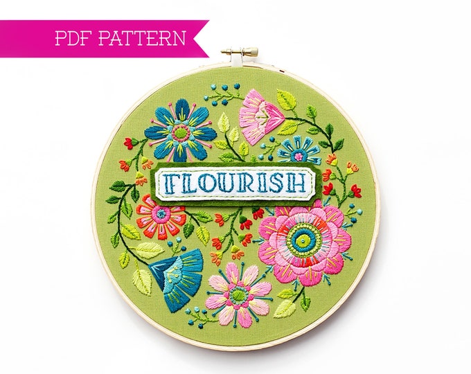 PDF Embroidery Pattern, One Meaningful Word, Flower Embroidery Pattern ...