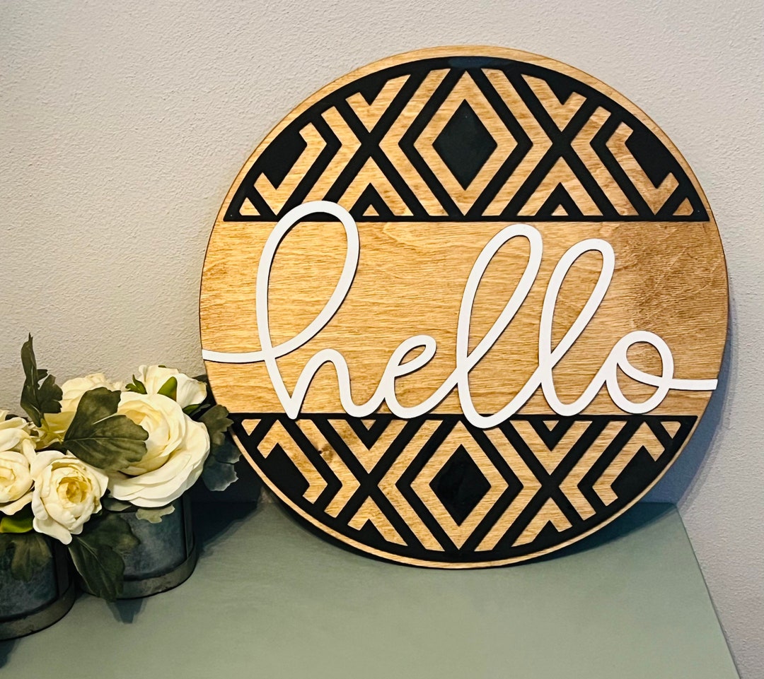 Hello Geo Shapes Door Sign, New Home Gift, Round Door Hanger, Hand ...