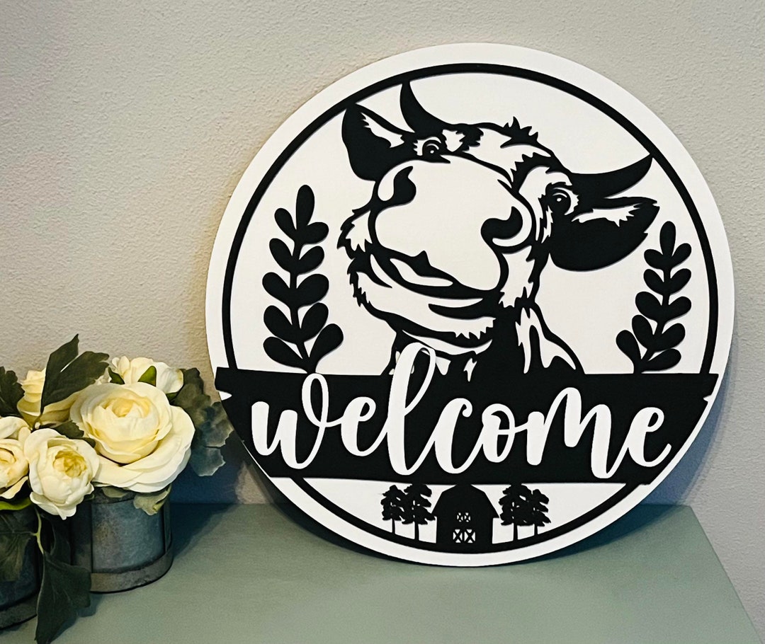 Welcome Cow Door Sign, New Home Gift, Round Door Hanger, Hand Painted ...