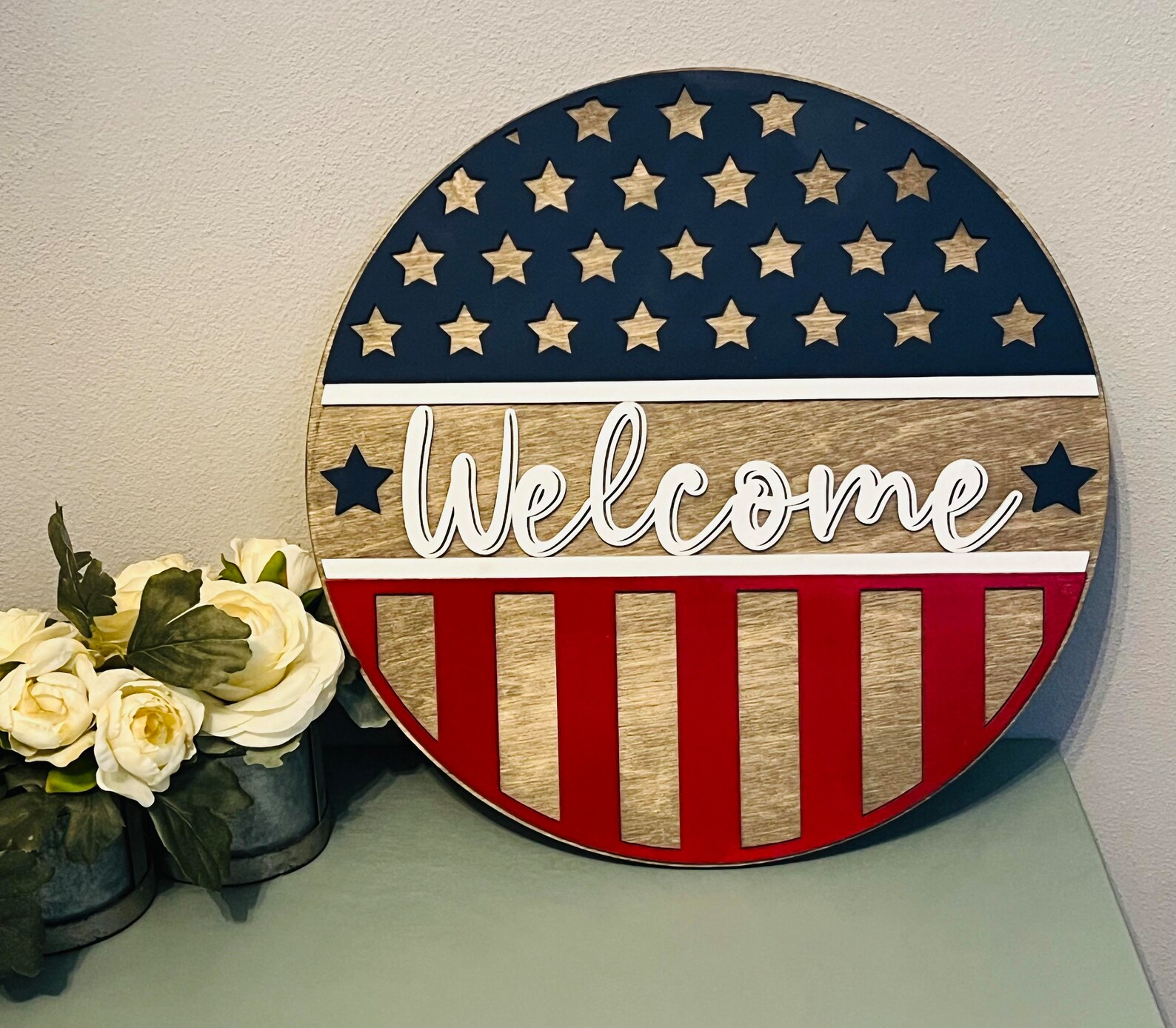 Patriotic Door Sign, New Home Gift, Round Door Hanger, Hand Painted ...