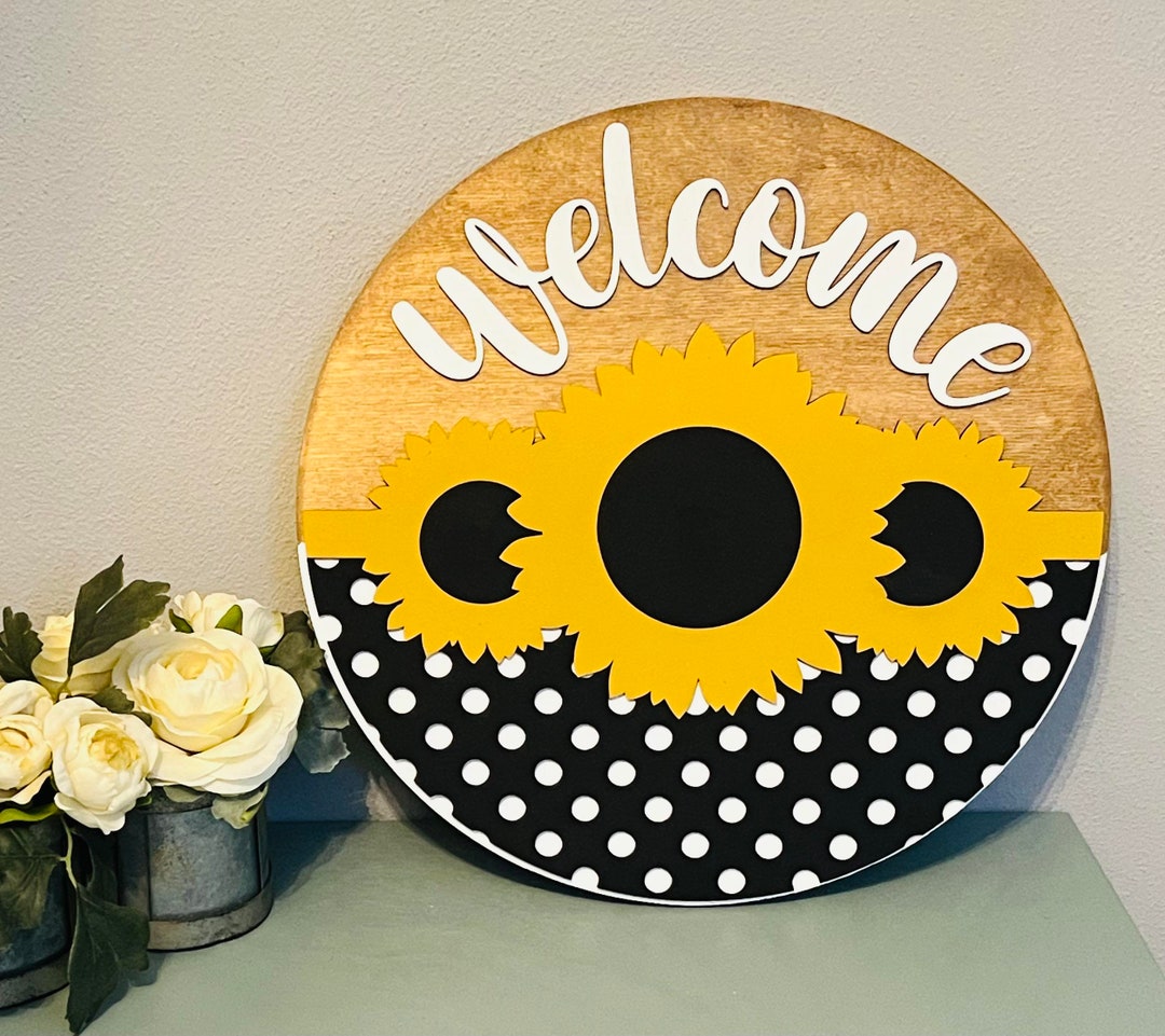 Welcome Sunflower Door Sign, New Home Gift, Round Door Hanger, Hand ...