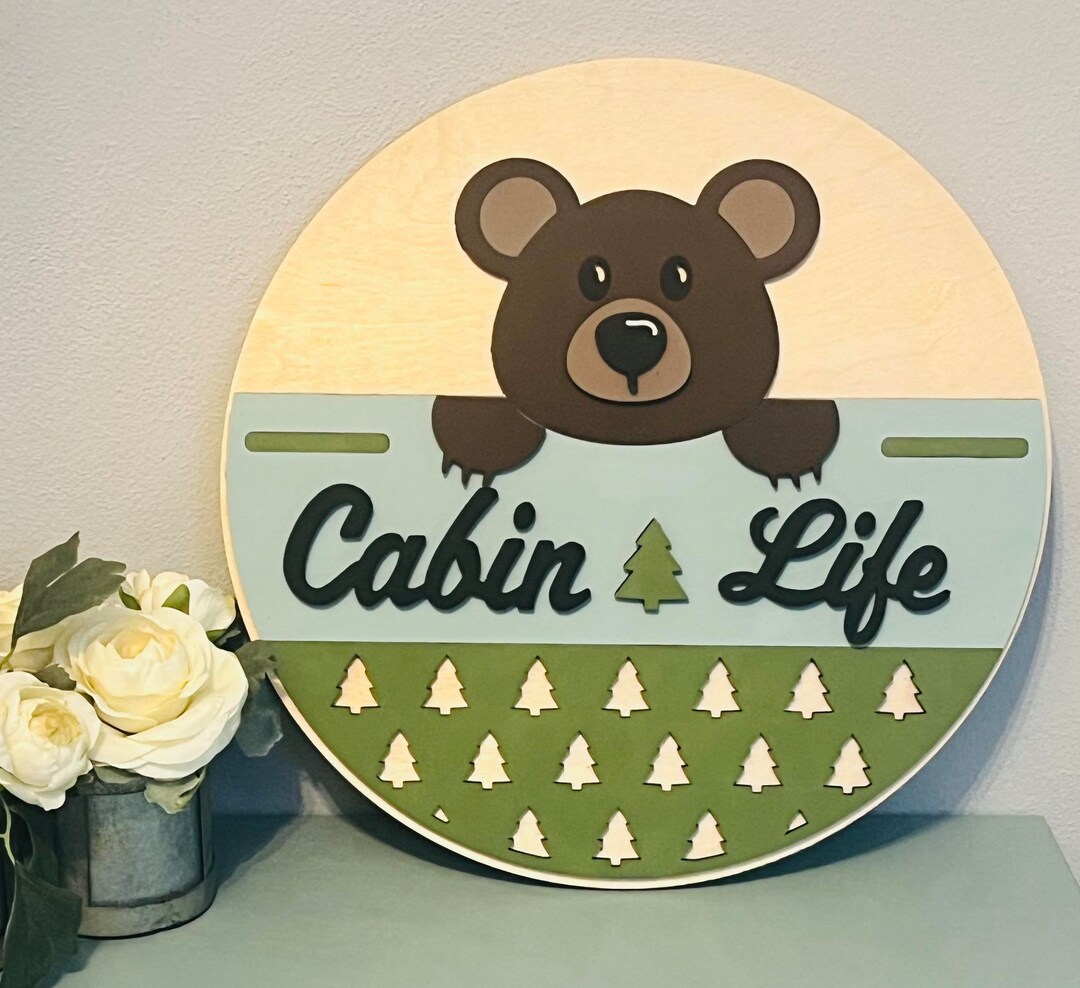 Cabin Life Bear Door Sign, New Home Gift, Round Door Hanger, Hand ...