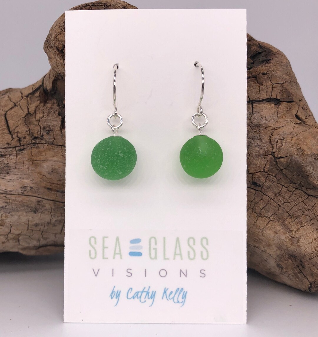 Green Sea Glass Marble Earrings | Sterling Silver, Japanese Pee Wee ...