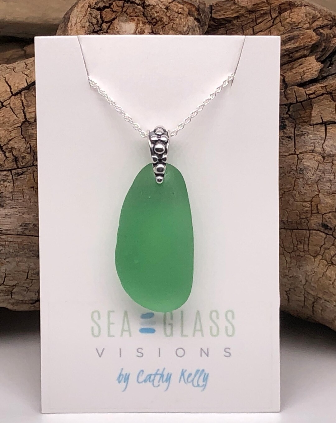 Japanese Sea Glass Necklace: Rare Green Beach Glass Pendant, Sterling ...