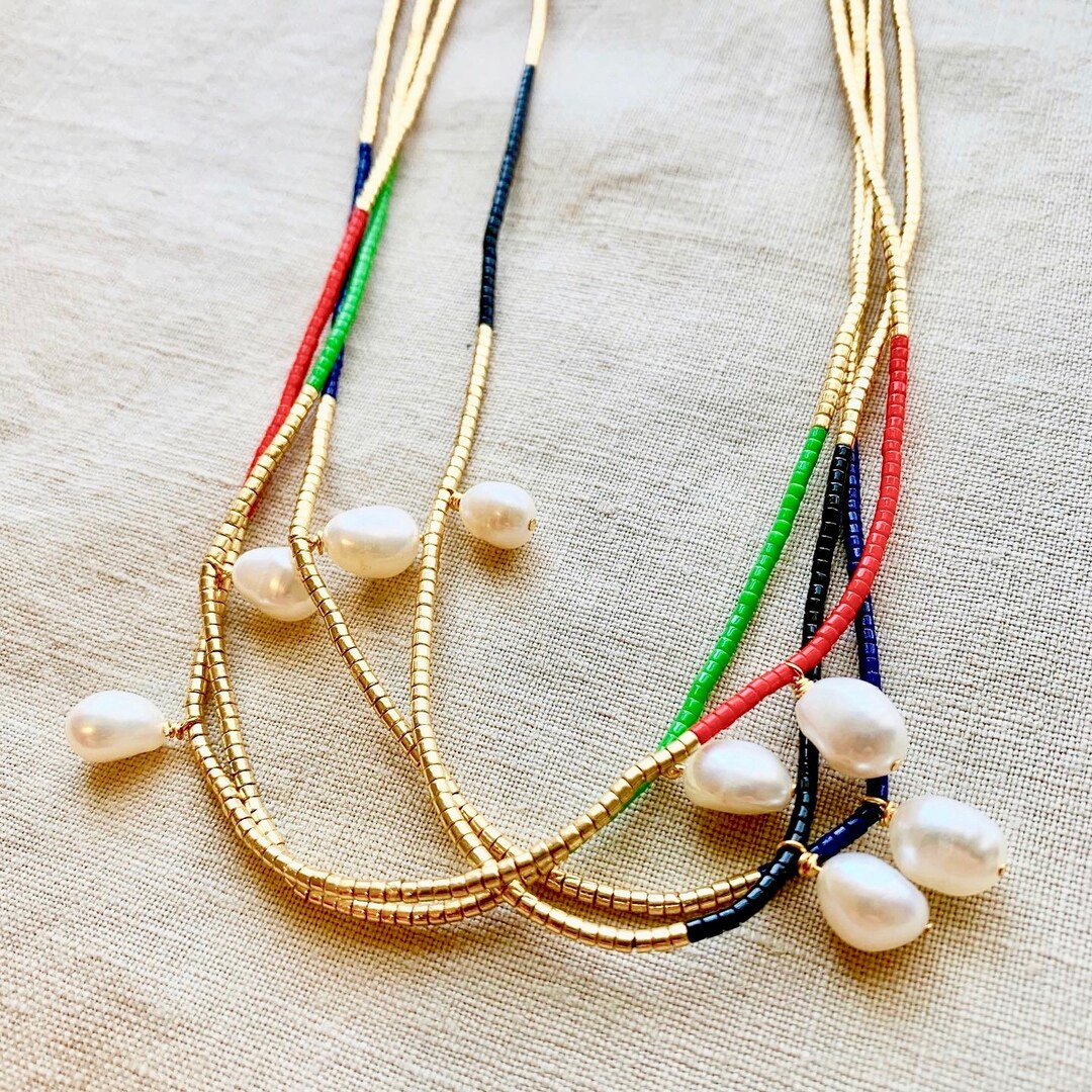 Color Block Gold Beaded Necklace With Pearls, Bright Colored Beaded ...