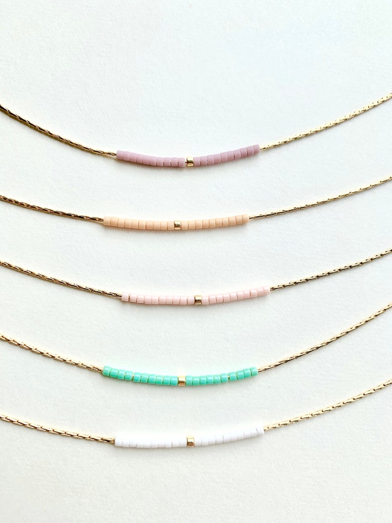 Tiny Pastel Minimalist Necklace Delicate Gold Chain Beaded | Etsy