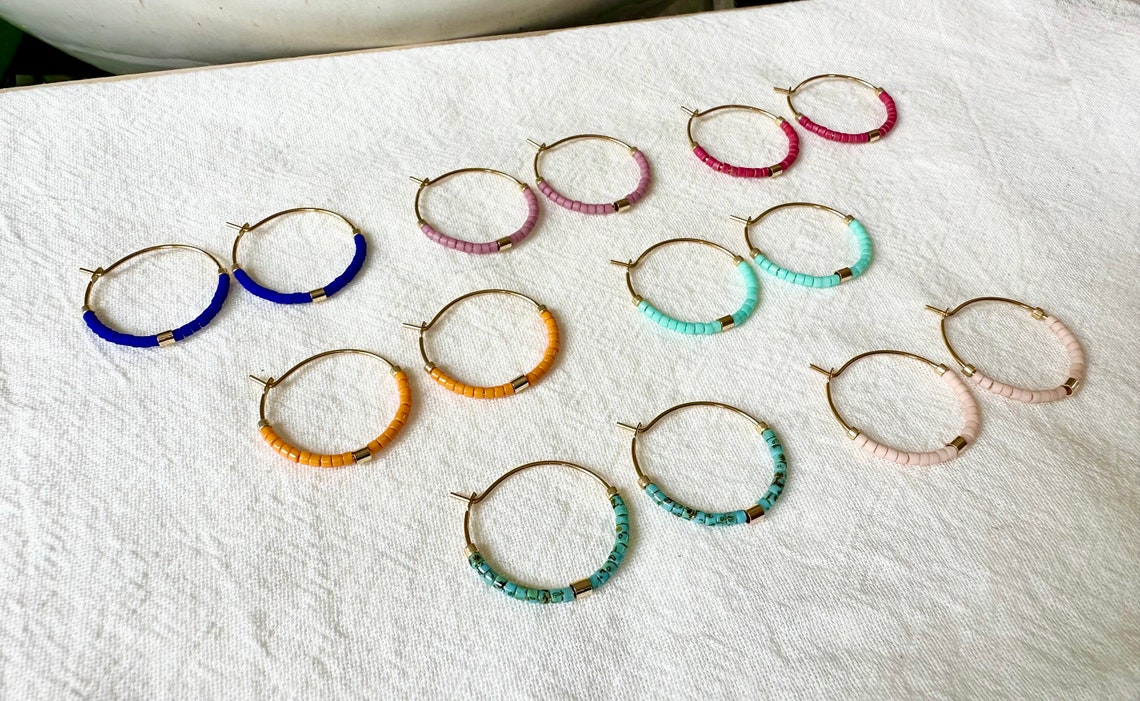 Tiny Colorful Gold Bar Hoop Earrings, Tiny Colored Hoop Earrings ...