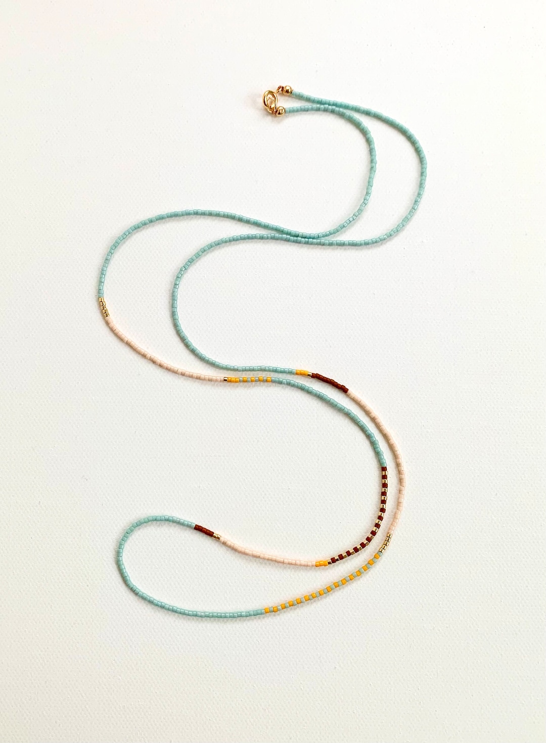 Aqua Long Beaded Necklace, Thin Bead Necklace, Long Minimalist Necklace ...