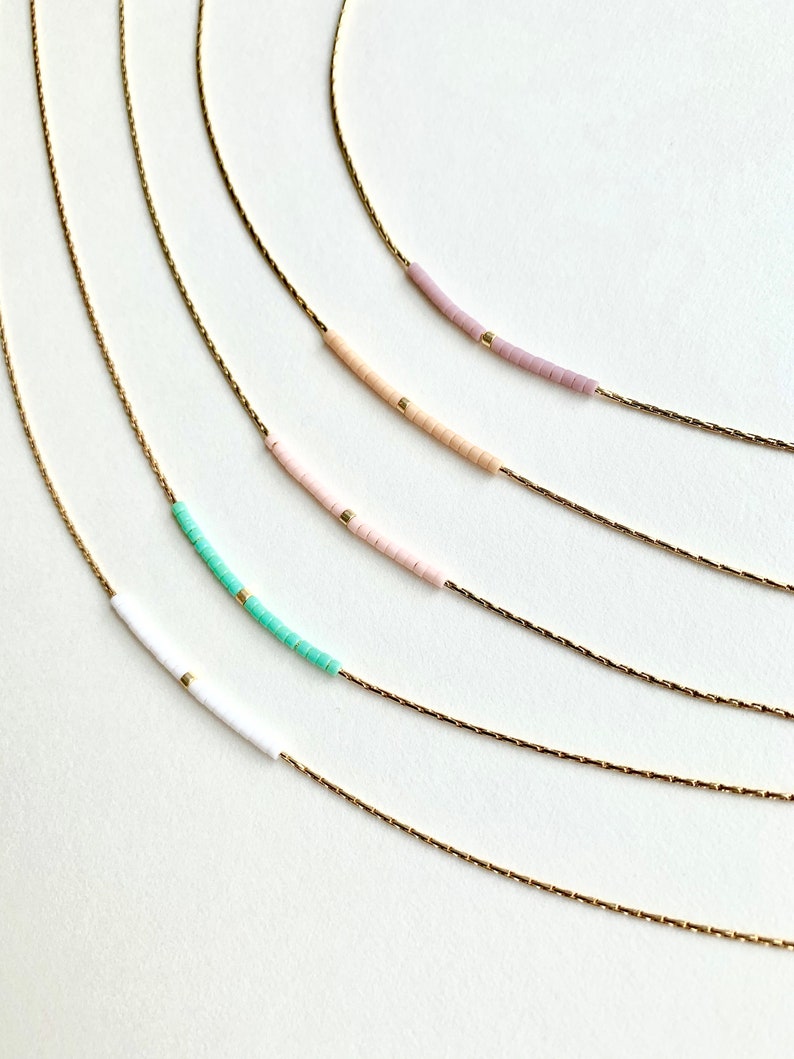 Tiny Pastel Minimalist Necklace Delicate Gold Chain Beaded | Etsy