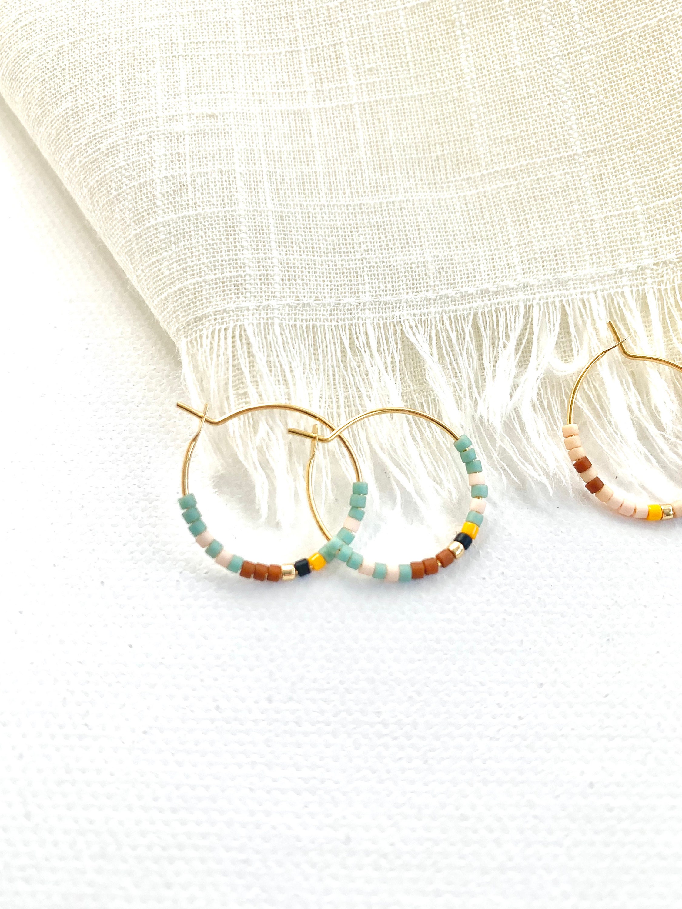 Small Beaded Hoop Earrings, Minimalist Hoop Earrings, Colorful Beaded ...