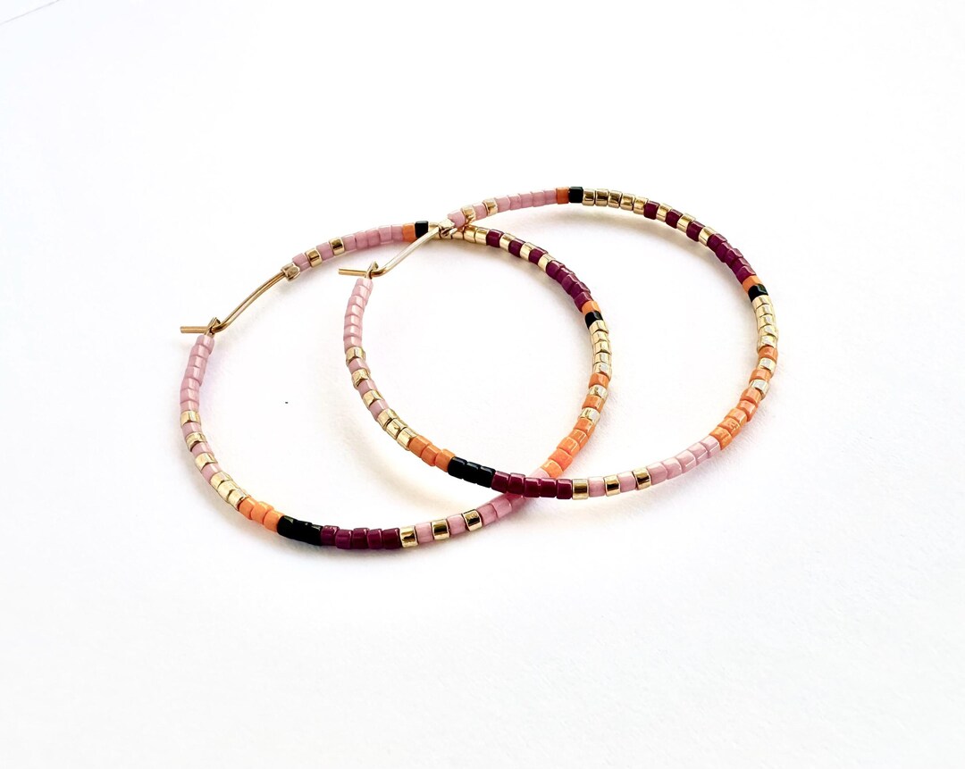 Tropical Beaded Hoop Earrings, Large Seed Bead Hoops, Colorful Beaded ...