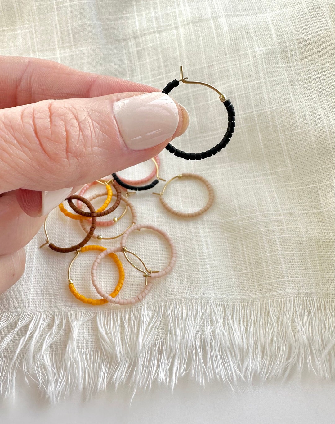 Tiny Beaded Hoop Earrings, Minimalist Hoop Earrings, Colorful Beaded ...