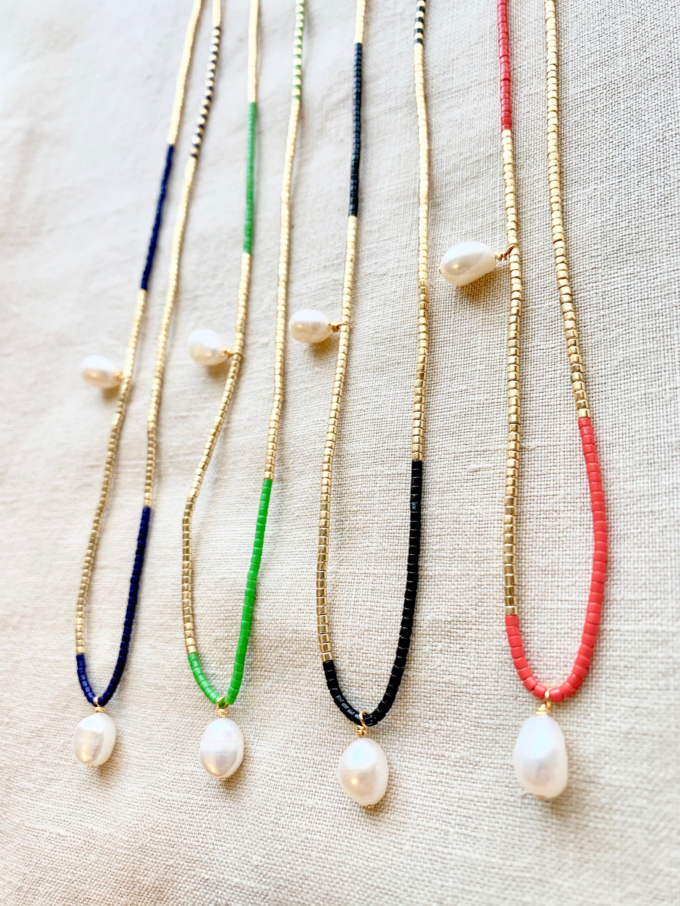 Color Block Gold Beaded Necklace With Pearls, Bright Colored Beaded ...
