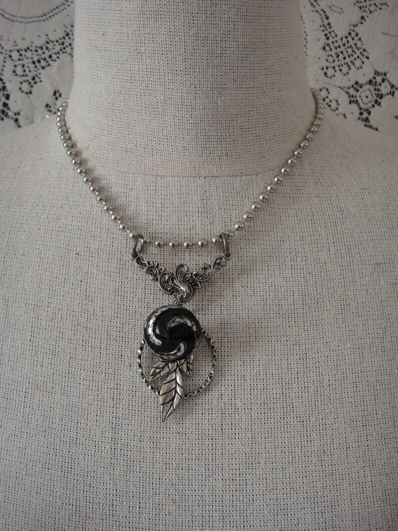 Gothic Jet Black Button Necklace: Vintage Silver Ball Chain - Etsy