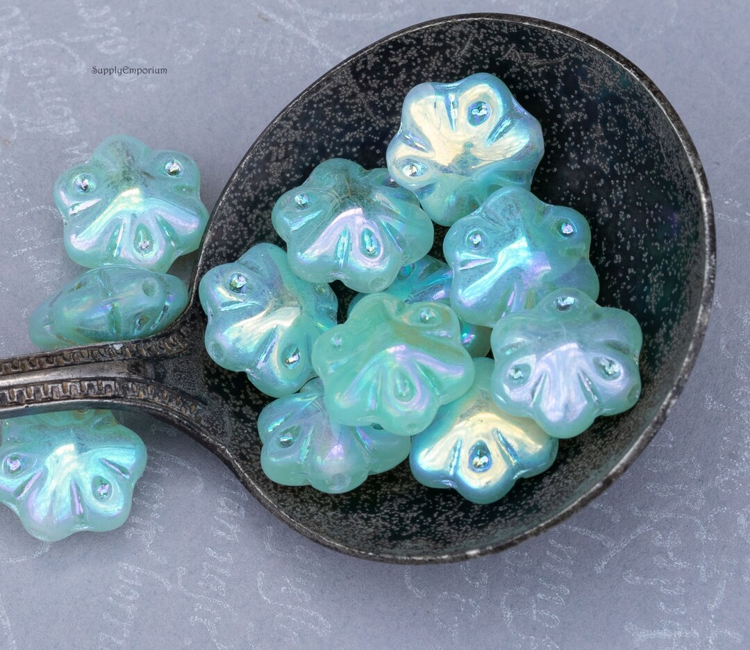 Czech Flower Bead, Folklore Flower Bead, Matte Aqua AB Flower Bead, 12 ...