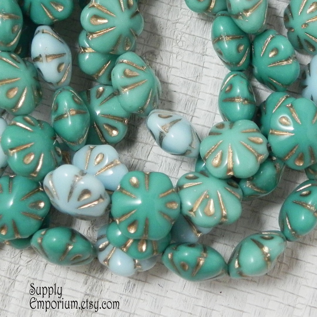 11mm Turquoise Mix Carved Flower Czech Glass Flower Bead Turquoise With ...