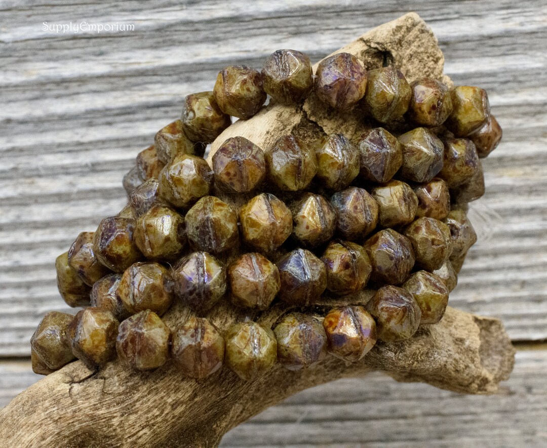 Picasso Round Bead, Czech Glass Champagne Picasso 8mm English Cut Round ...