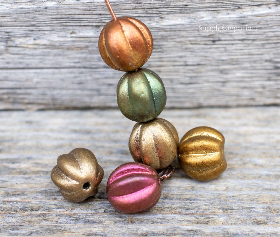 1276R 15 Mostly Warm Gold Czech 10mm Metallic Mix Melon Round Bead ...