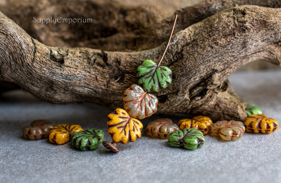 Leaf Bead, Czech Leaf Bead Mix, Maple Leaf Glass Bead, 10x13mm Leaf ...