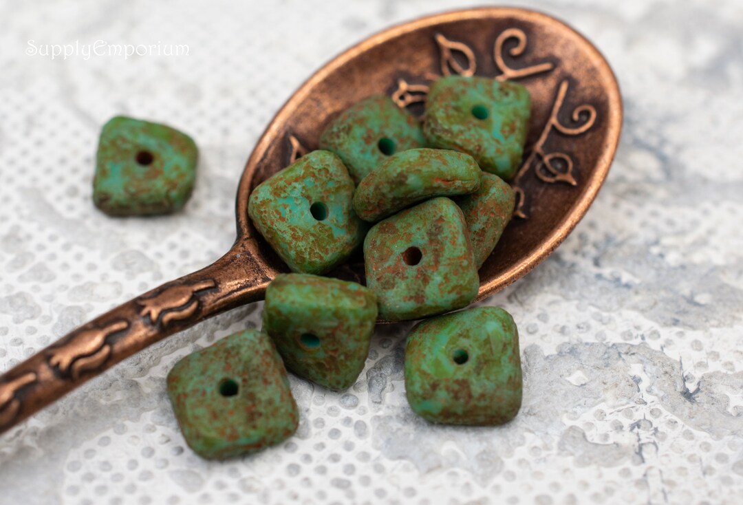 Square Beads, Wafer Beads, Czech Glass 4x10mm Turquoise Stone Picasso ...