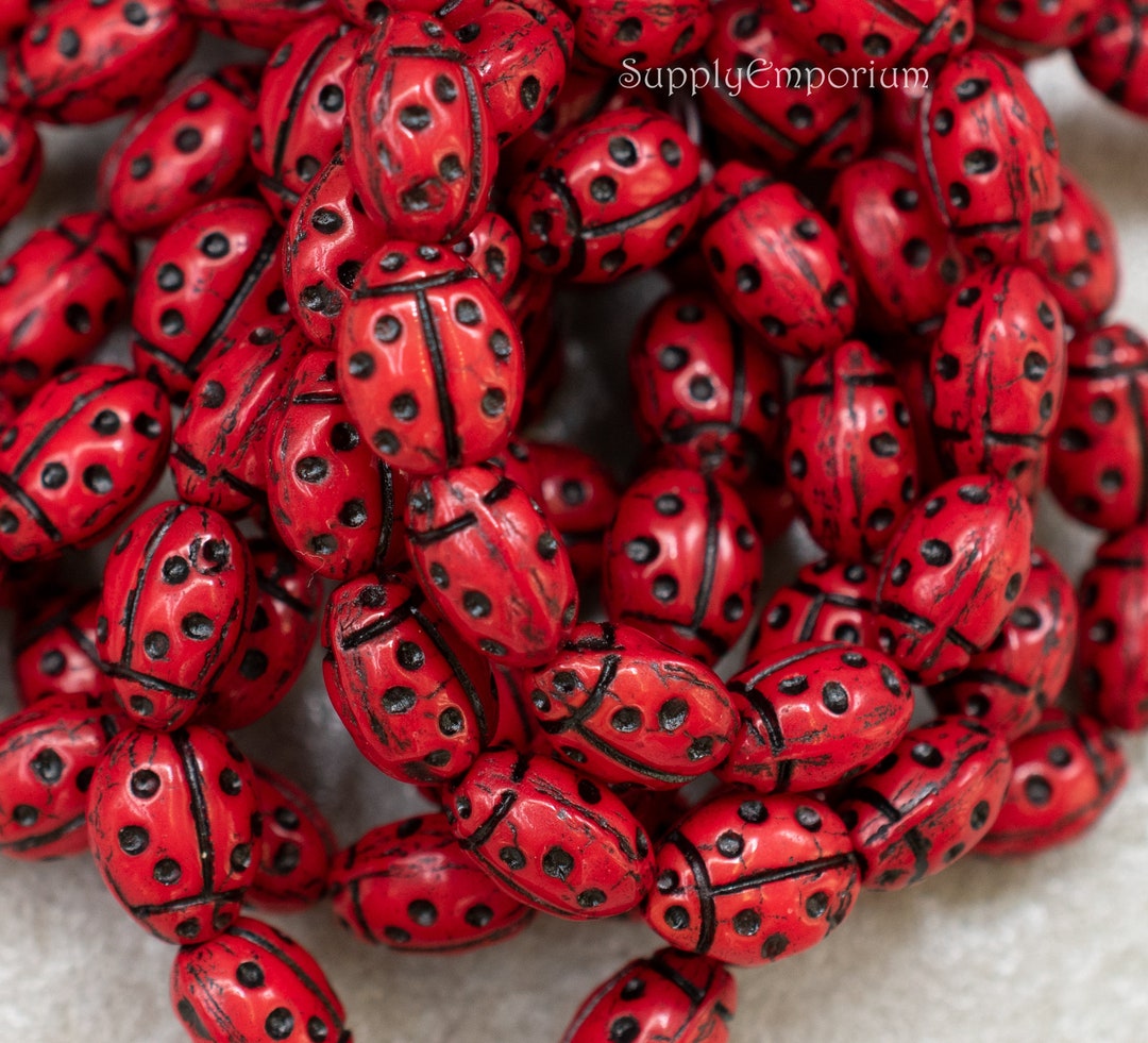 Ladybug Beads, 7x9mm Czech Glass Ladybug Beads Red and Black Lady Bug ...