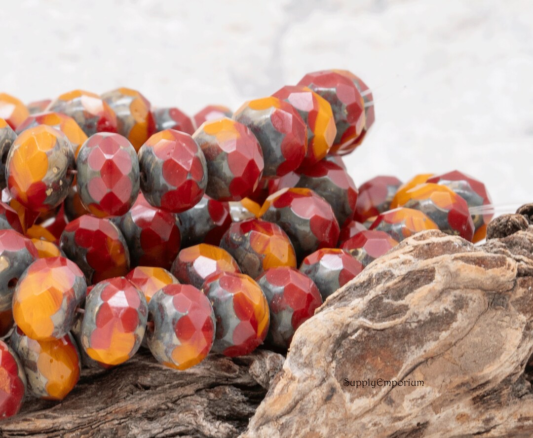 Czech Glass Rondelle, Rondelle Mix, Red Orange Opaline Picasso 6x9mm ...
