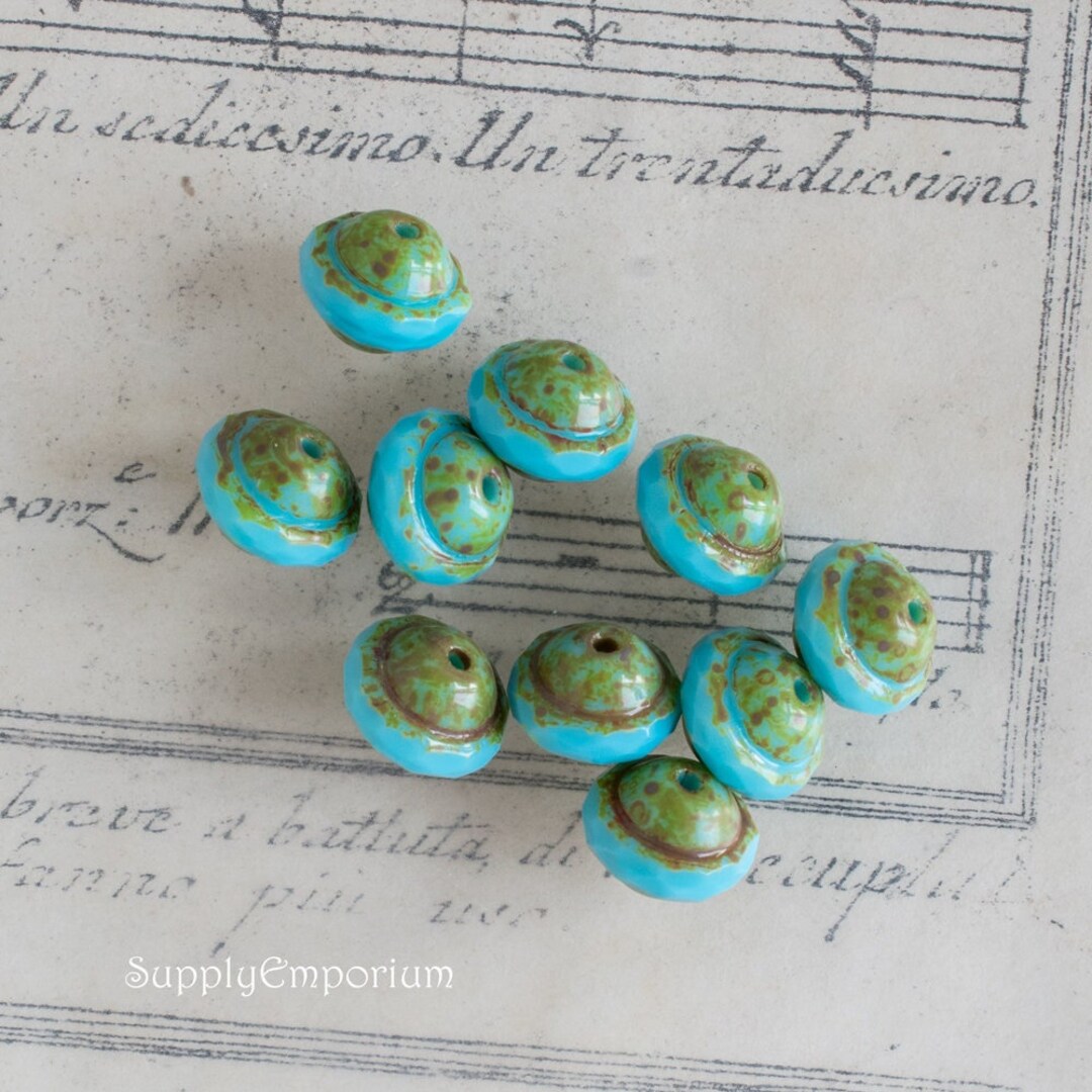 Saturn Bead, Czech Round Glass Bead, Ring Bead, Blue Turquoise Picasso ...