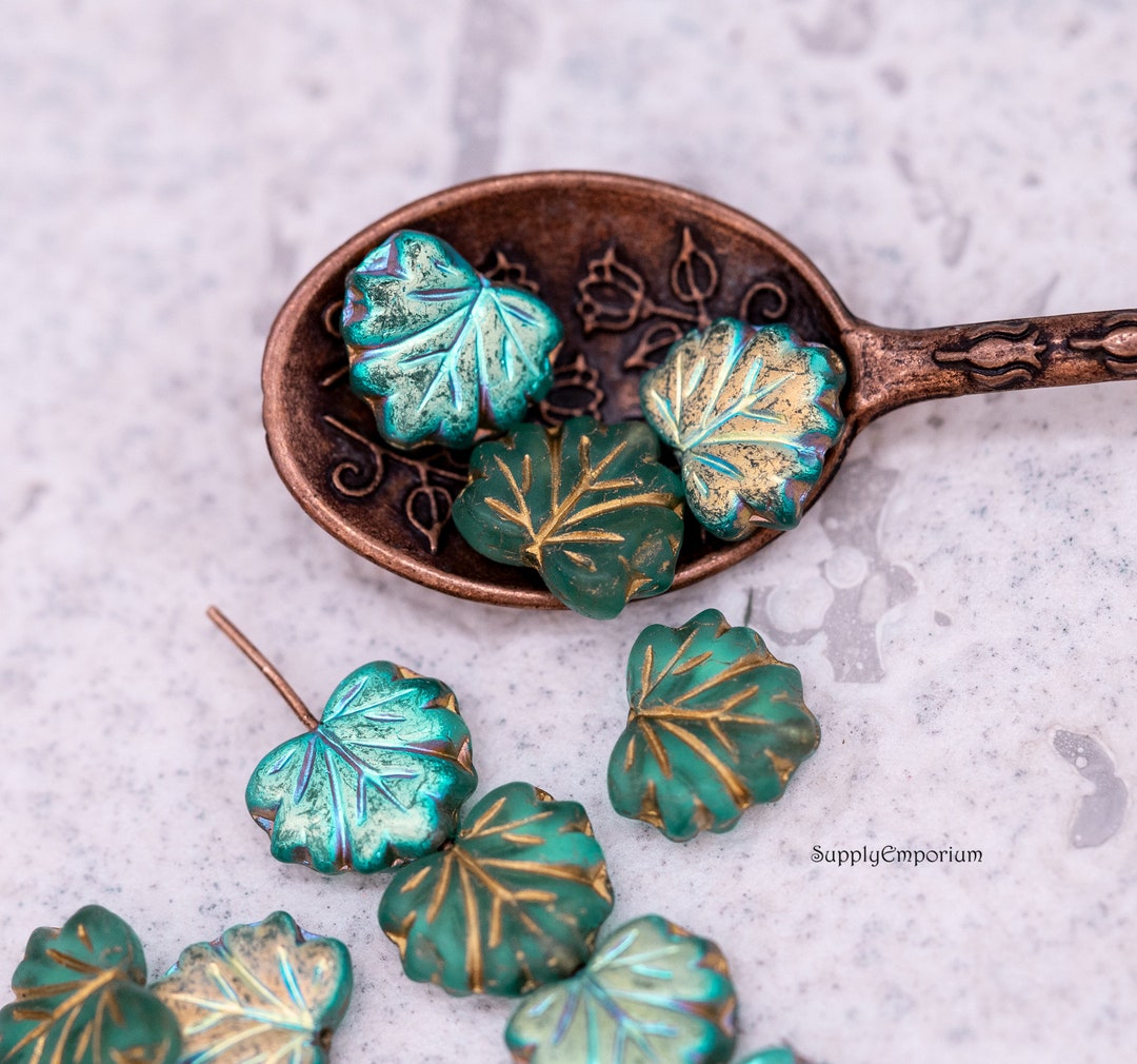 Czech Matte Sea Green/blue Picasso With Ab/gold Wash Maple Leaf. 20 Aka ...