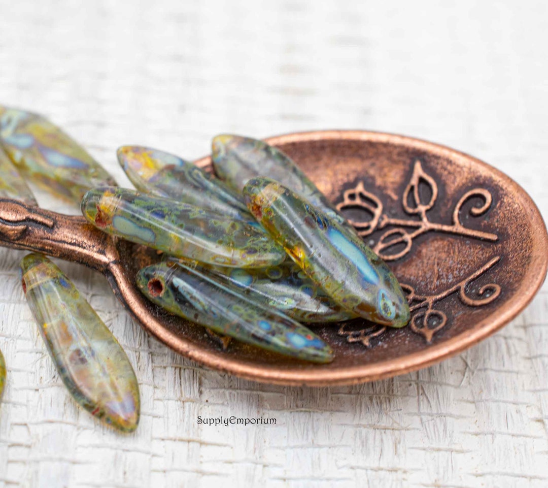 Dagger Beads, Picasso Dagger Bead, Czech Glass Aqua Green Picasso 15mm ...