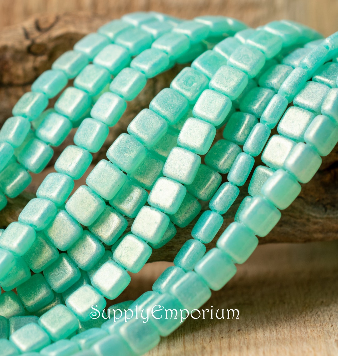 1453R 25 Czechmate Sueded Gold Milky Aquamarine 2 Hole Tile Beads ...