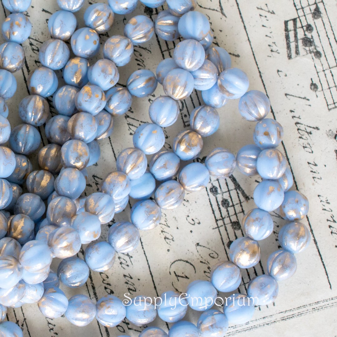 4464 25 Periwinkle With Gold Wash Czech 6mm Melon Round Bead Czech ...