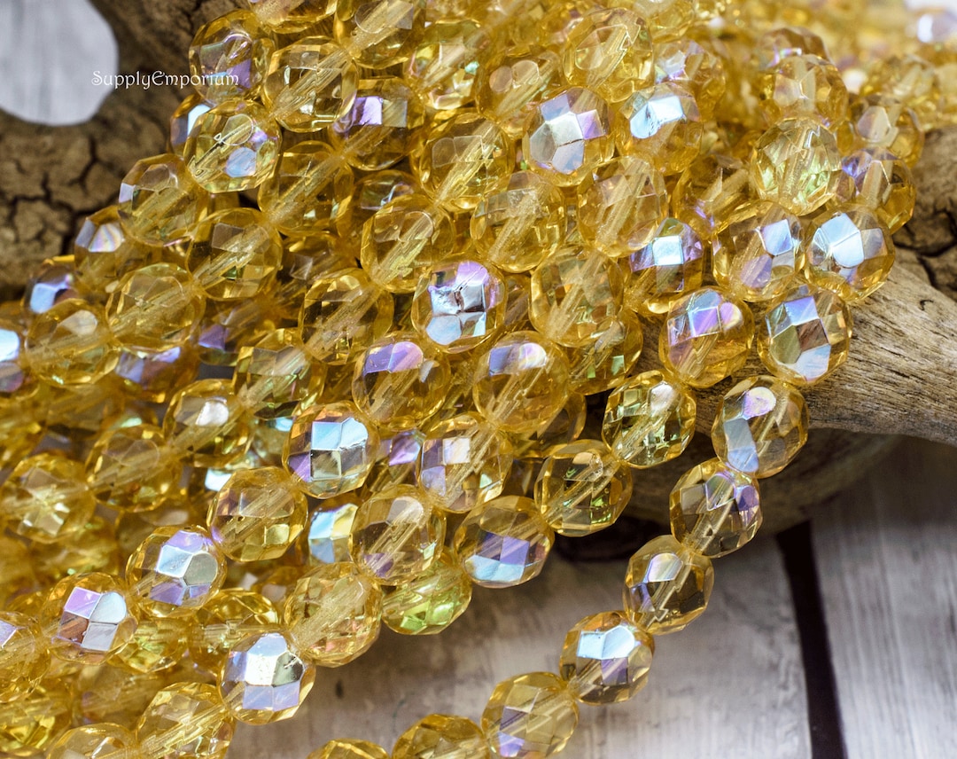 6032 , Czech 8mm Light Topaz AB Firepolish Round Beads, Light Topaz AB ...