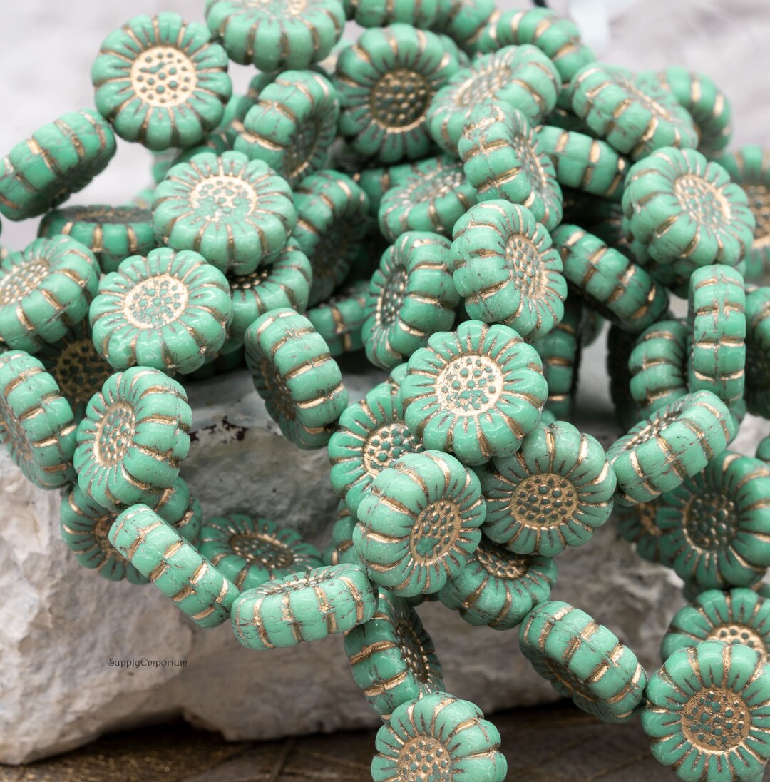 Czech Sunflower Beads, Glass Beads, Sunflower Coin, Turquoise With Gold ...