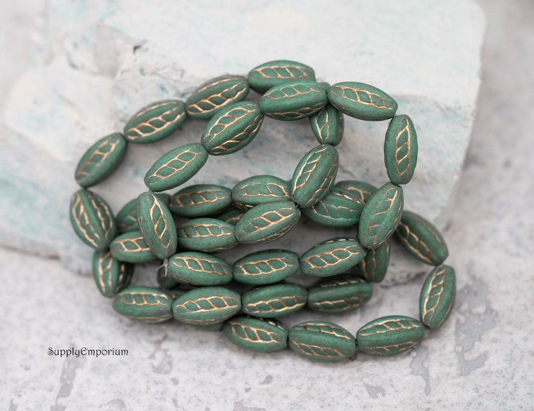 Czech Matte Sea Green With Gold Wash Twisted Oval Beads. 15x9mm Twisted ...