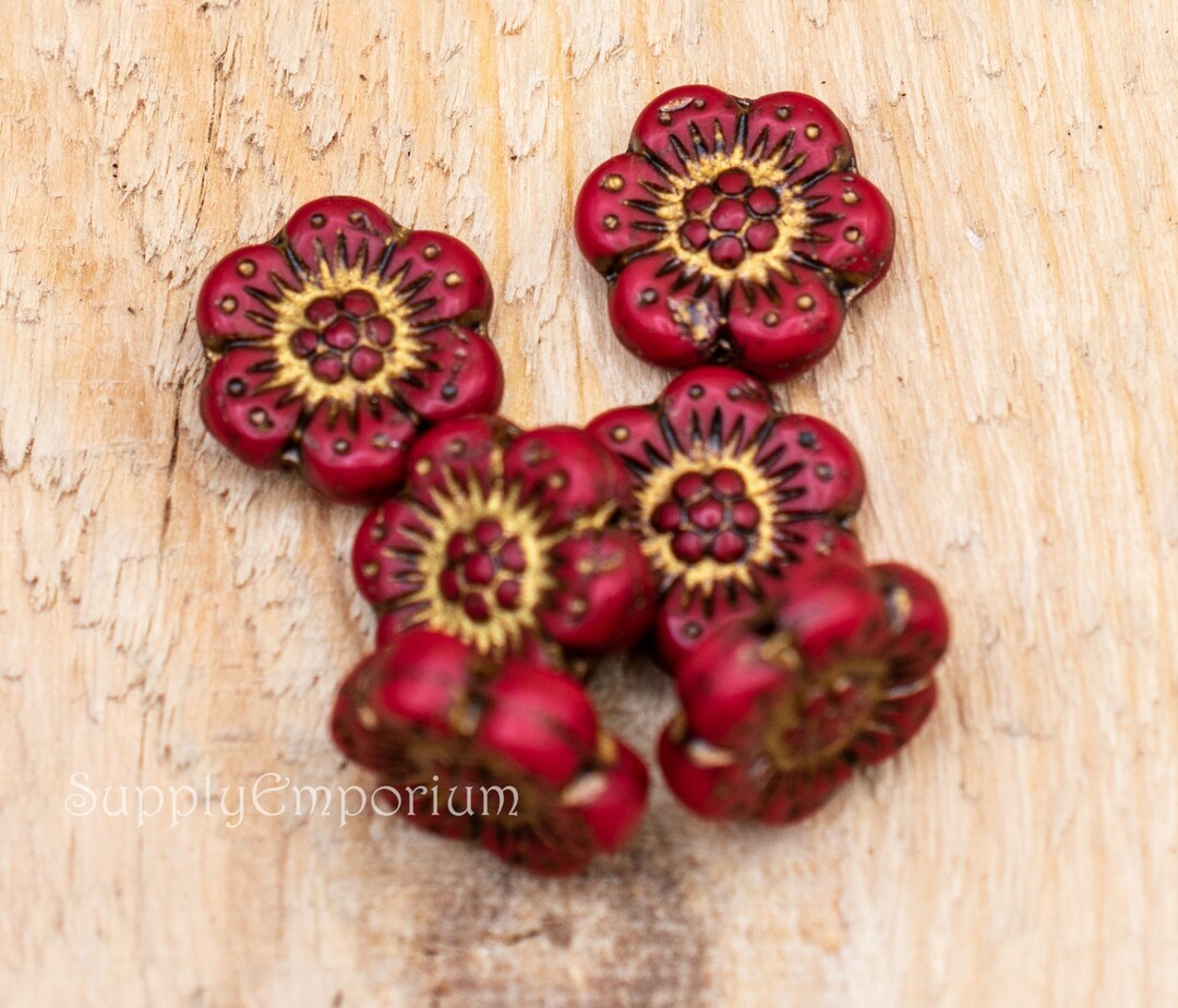 Flower Beads Czech Glass Beads Picasso Beads Wild Rose Beads 14mm Red Wild Rose Beads 6730 6 ...