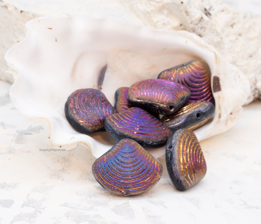 Czech Glass Beads, Carved Shell Beads, 15x18mm Black With Metallic ...
