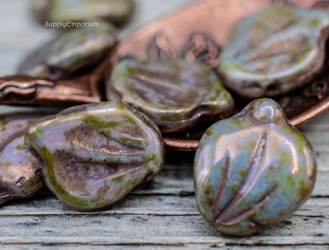 Czech Leaf Bead, Glass Bead, Picasso Leaf Bead, 15x12mm Opaque Green ...