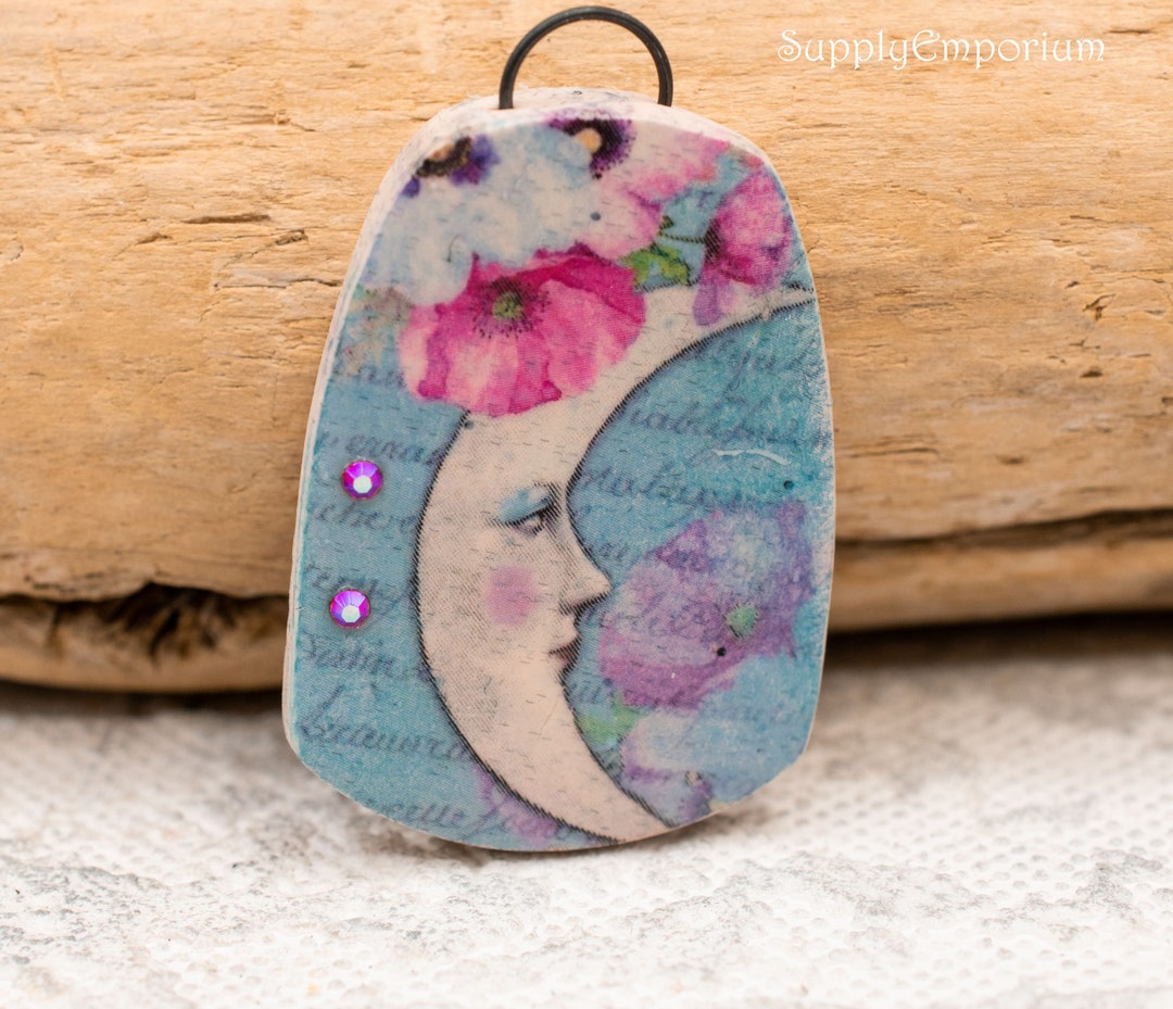 CLAY 2901, Vintage Look Collage Moon Face Clay Image Transfer Pendant ...