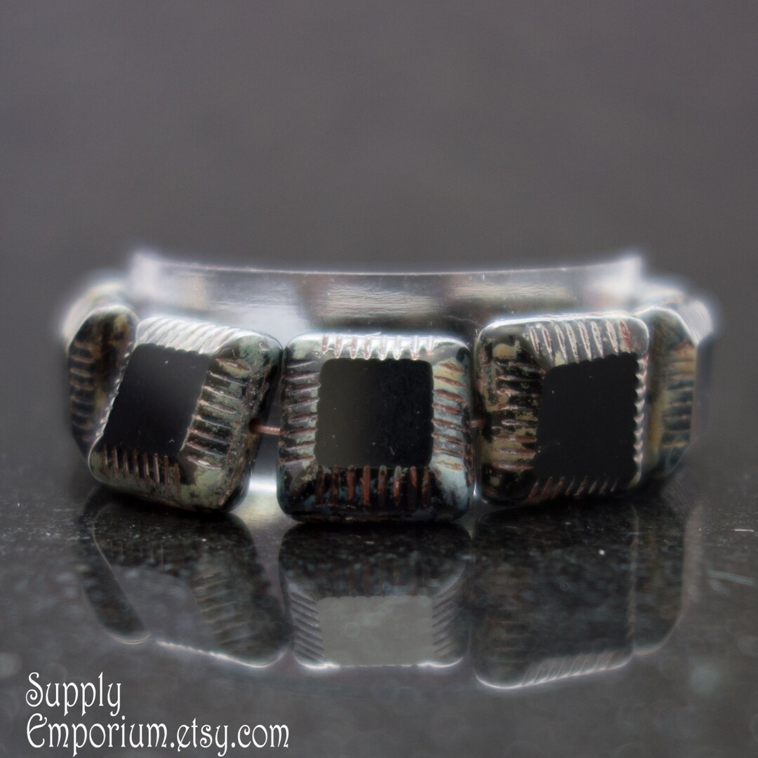 14mm Czech Glass Black Picasso Carved Square 14mm Black Picasso Square ...