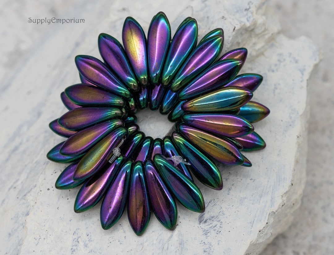 780 12 Beads Czech 2 HOLE Purple Iris Dagger Beads, 5x16mm Purple Iris ...