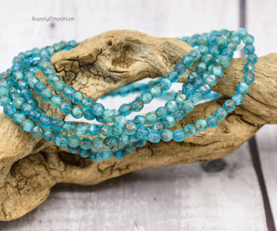 4mm Teal/blue With Coral Wash English Cut Round Beads 4mm Teal English ...