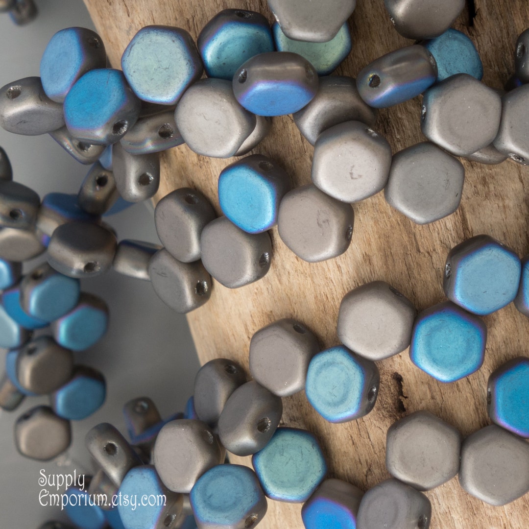 6mm Czech Glittery Matte Graphite Honeycomb 2-hole Beads, Blue and Gray ...